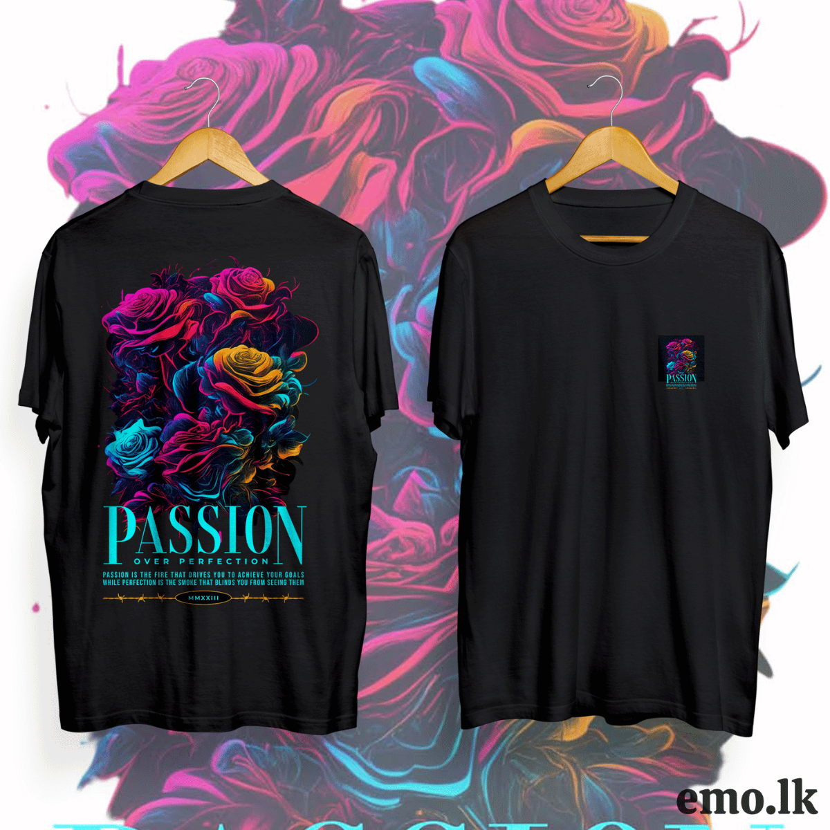 ''PASSION'' FLORAL DESIGN BACK PRINTED T SHIRT MEN & WOMEN